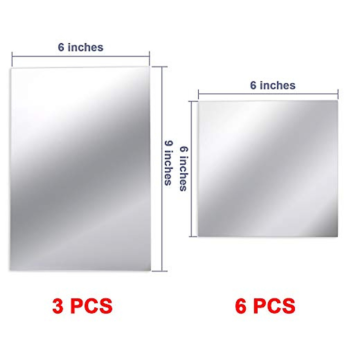 BBTO 9 Pieces Mirror Adhesive Craft Mirrors Shatterproof Sheet Small Mirror Tiles Flexible Self Adhesive Non Glass Mirror Plastic Mirror Wall Stickers, 6 x 9 Inches, 6 x 6 Inches