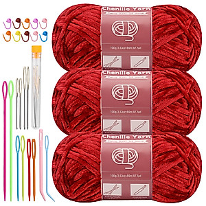 LUNARM Chenille Yarn for Crocheting Knitting, 3 Skein 263 Yard Thick Soft Chunky Fluffy Weaving Plush Yarn for Blankets Clothes Pattern Creations with Big Eye Needles (Dark Red)