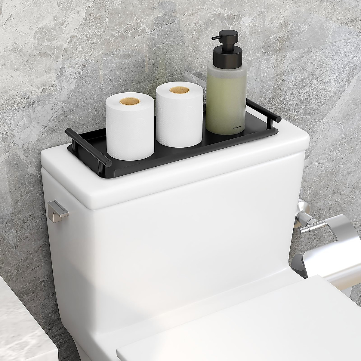 FEILERN Toilet Paper Basket, Stainless Steel Toilet Tank Tray with Handle for Organizing - Toilet Paper Basket Storage for Toilet Tank, Bathroom, Kitchen Counter (Black)