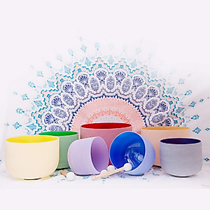 7"-12" 432Hz Chakra Tuned Set of 7 Colored Frosted Quartz Crystal Singing Bowl