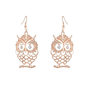 Round Shape White Cubic Zirconia Owl Dangle Earring In 14k Rose Gold Over Sterling Silver