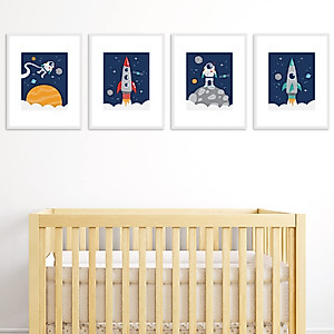 Big Dot of Happiness Blast Off to Outer Space - Unframed Rocket Ship Nursery and Kids Room Linen Paper Wall Art - Set of 4 - Artisms - 8 x 10 inches
