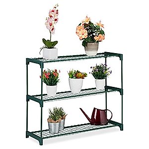 Relaxdays Plant Stand, 3 Tiers, Storage for Flower Pots, Indoor, Iron & Plastic, H x W x D 74.5 x 91 x 28.5, Green, Pack of 1