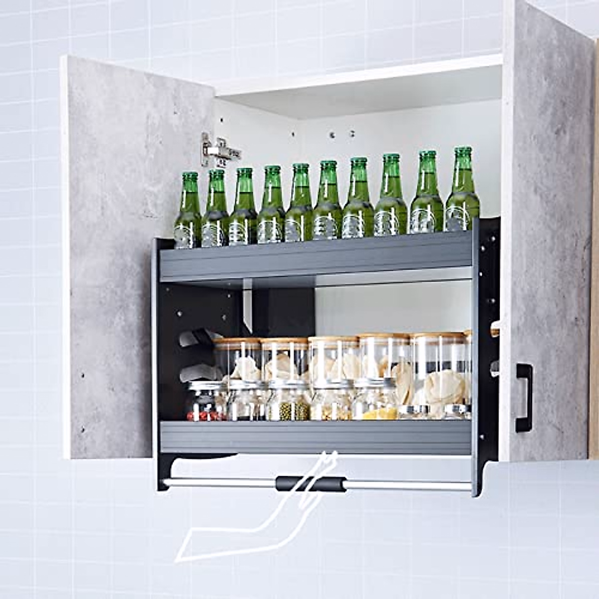 HDHRBH 24 Inch Pull Down Shelf,Pull Down Shelf Cabinet Organizer,Kitchen Cabinet Pull Down Shelf,Convenient Heavy-Duty 2-Tier Wall Pull Down Shelf ,High Cabinet Pull Down Shelf