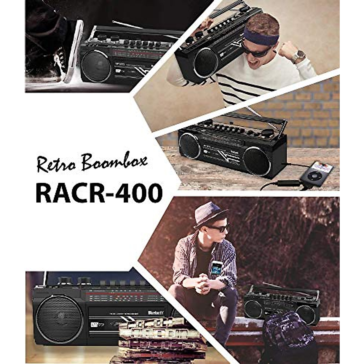 Riptunes Cassette Boombox, Retro Blueooth Boombox, Cassette Player and Recorder, AM/FM/SW-1-SW2 Radio-4-Band Radio, USB, SD, and Aux in, Black