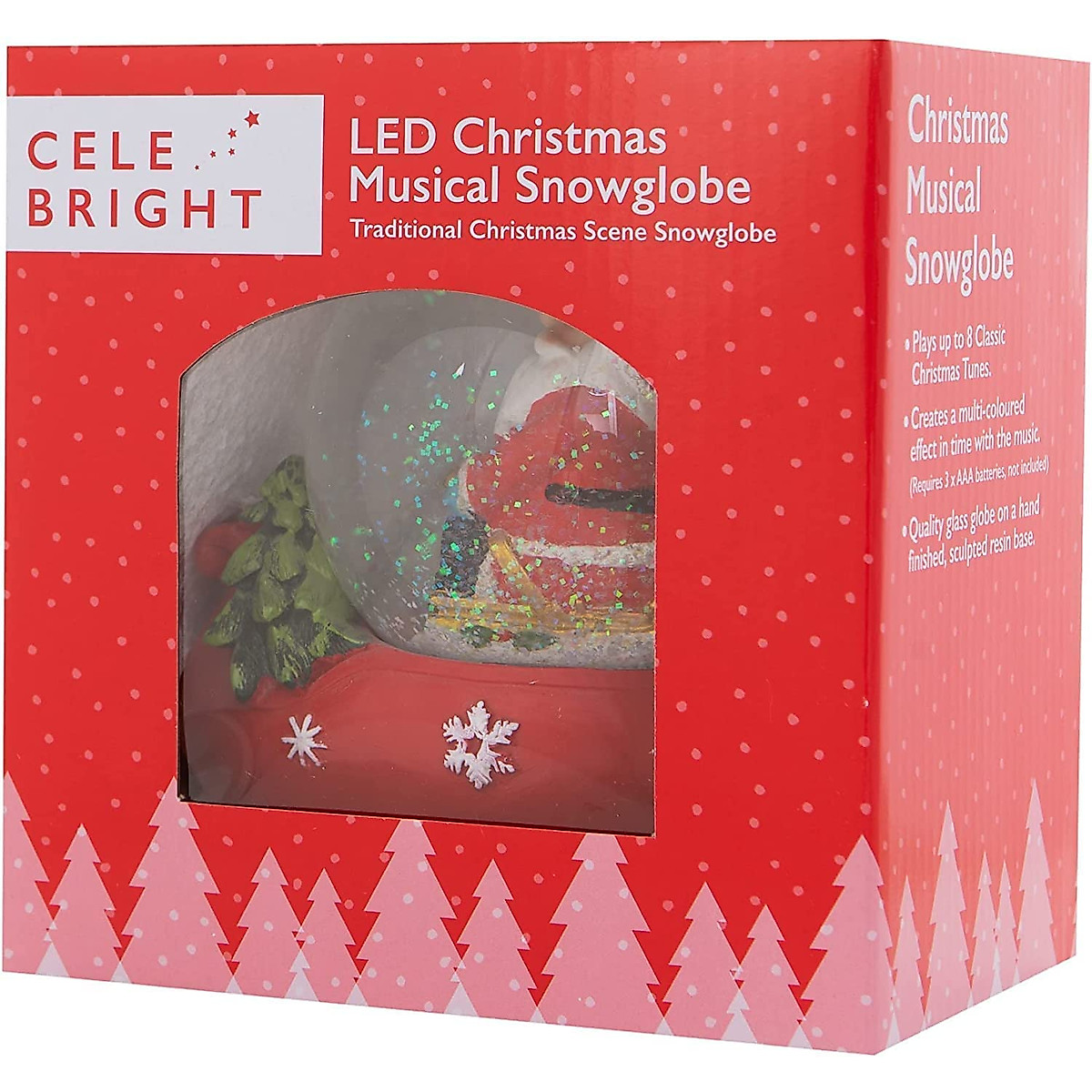 Celebright Christmas Musical Snow Globe - Plays 8 Songs Including Jingle Bells & Lights Up with Changing LED Colours - Large 14cm (Santa on a Sleigh Base)