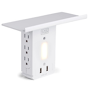 Black+Decker Surge Protector Outlet Shelf with Night Light, 6 Grounded Outlets, 2 USB, 100 Lumen