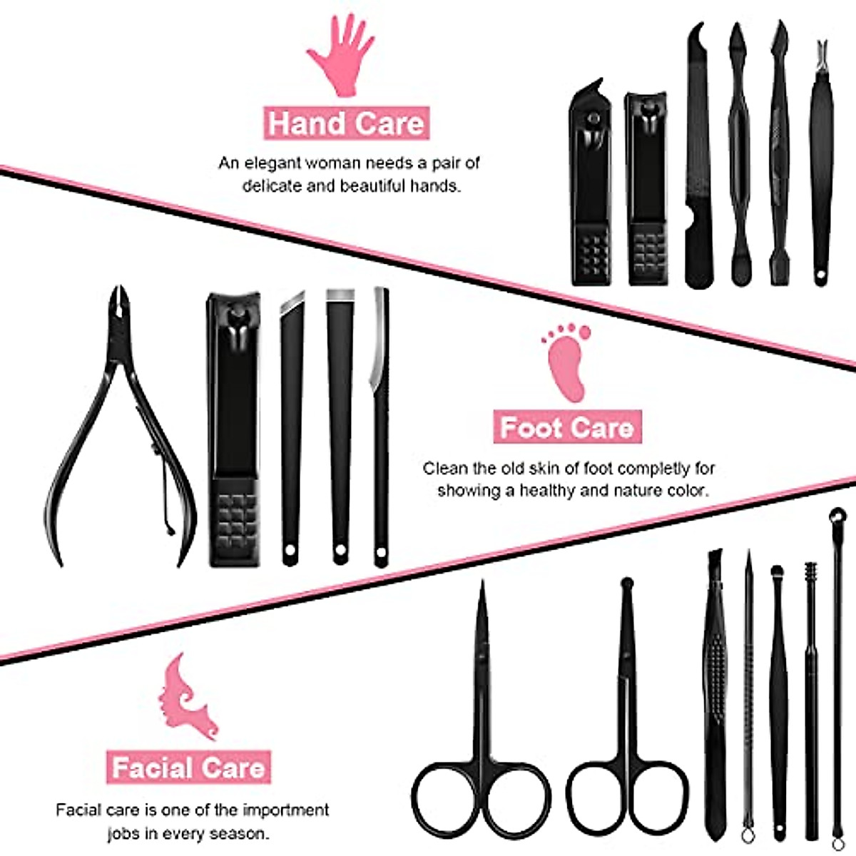 Manicure Set Professional Nail Clippers Kit Pedicure Care Tools- Stainless Steel Grooming Kit 18Pcs for Travel or Home (Black/Pink)