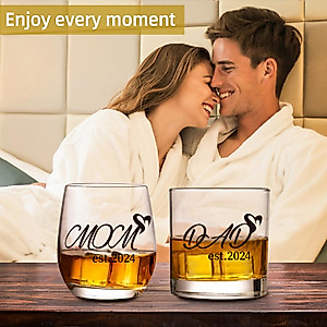 Pregnancy Gifts for First Time Moms – Mom and Dad Est 2024 11 oz Whiskey Glass Gift Set with Romper (0-3 Months) and Baby Socks ​- Top New Parents Gifts for Mom and Dad to Be - Baby Shower