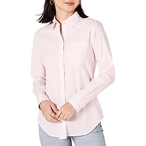 Amazon Essentials Women's Classic-Fit Long-Sleeve Button-Down Poplin Shirt, Pink Stripe, Large
