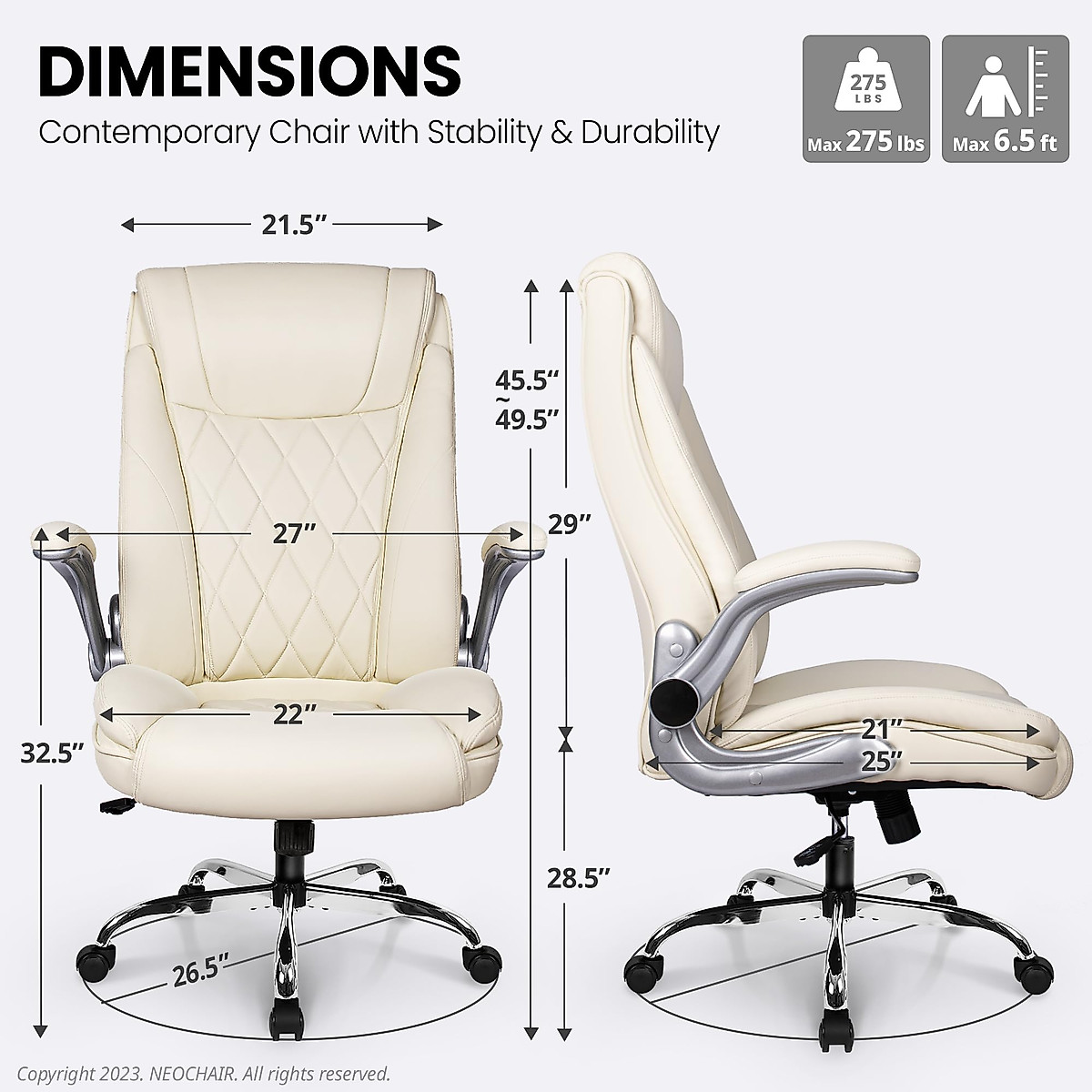 NEO CHAIR Office Chair Computer High Back Adjustable Flip-up Armrests Ergonomic Desk Chair Executive Diamond-Stitched PU Leather Swivel Task Chair with Armrests Lumbar Support (Ivory)