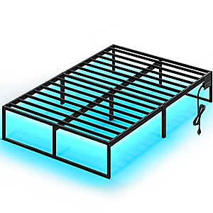Rolanstar Bed Frame with USB Charging Station, Full Bed Frame with LED Lights, Platform Bed Frame with Heavy Duty Steel Slats, 14" Storage Space Beneath Bed