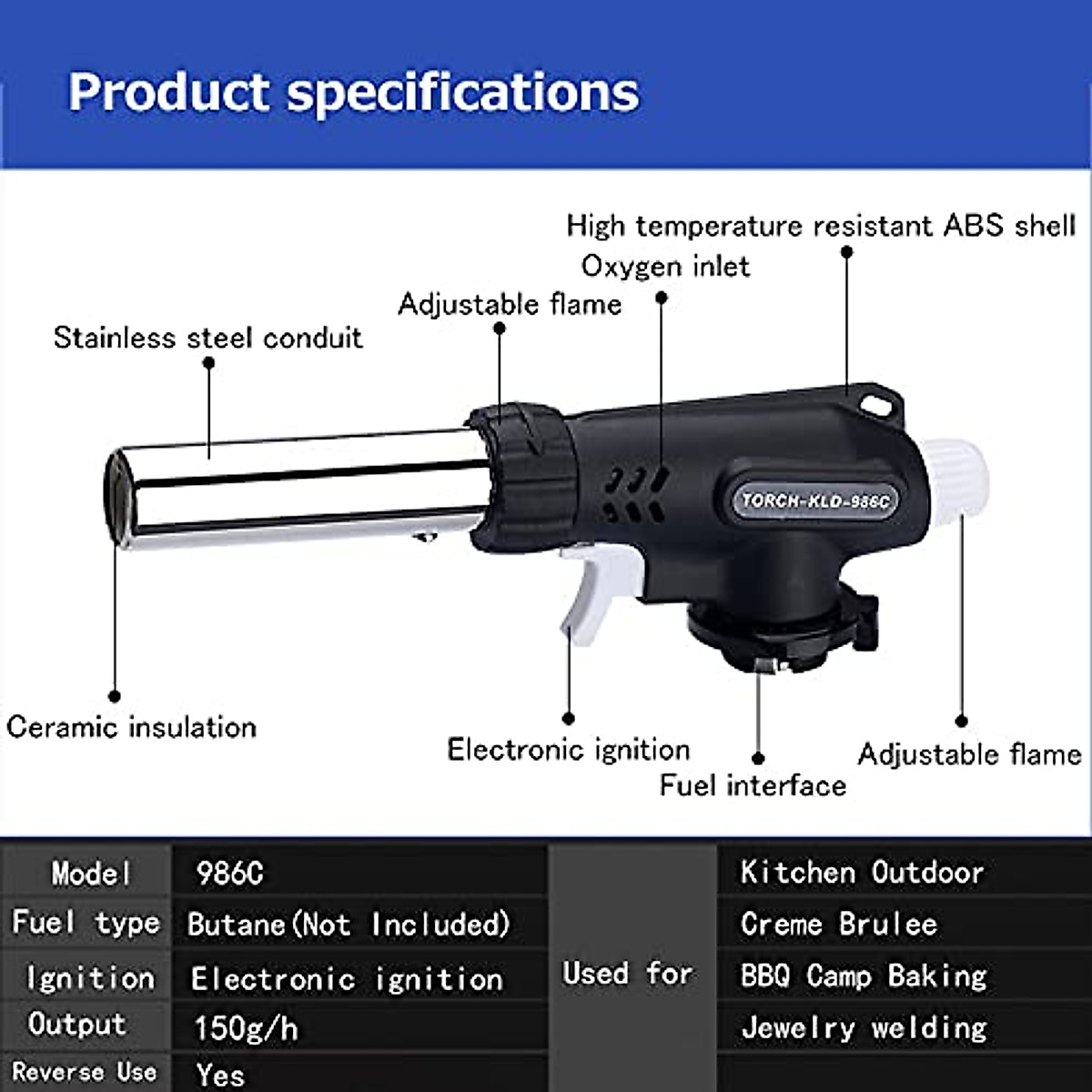 Butane Torch Kitchen Blow Lighter Gas burner - Culinary Torches Chef Cooking Professional Adjustable Flame with Reverse Use, for Creme, Brulee, BBQ, Camp, Baking (Butane Not Included)（Black）