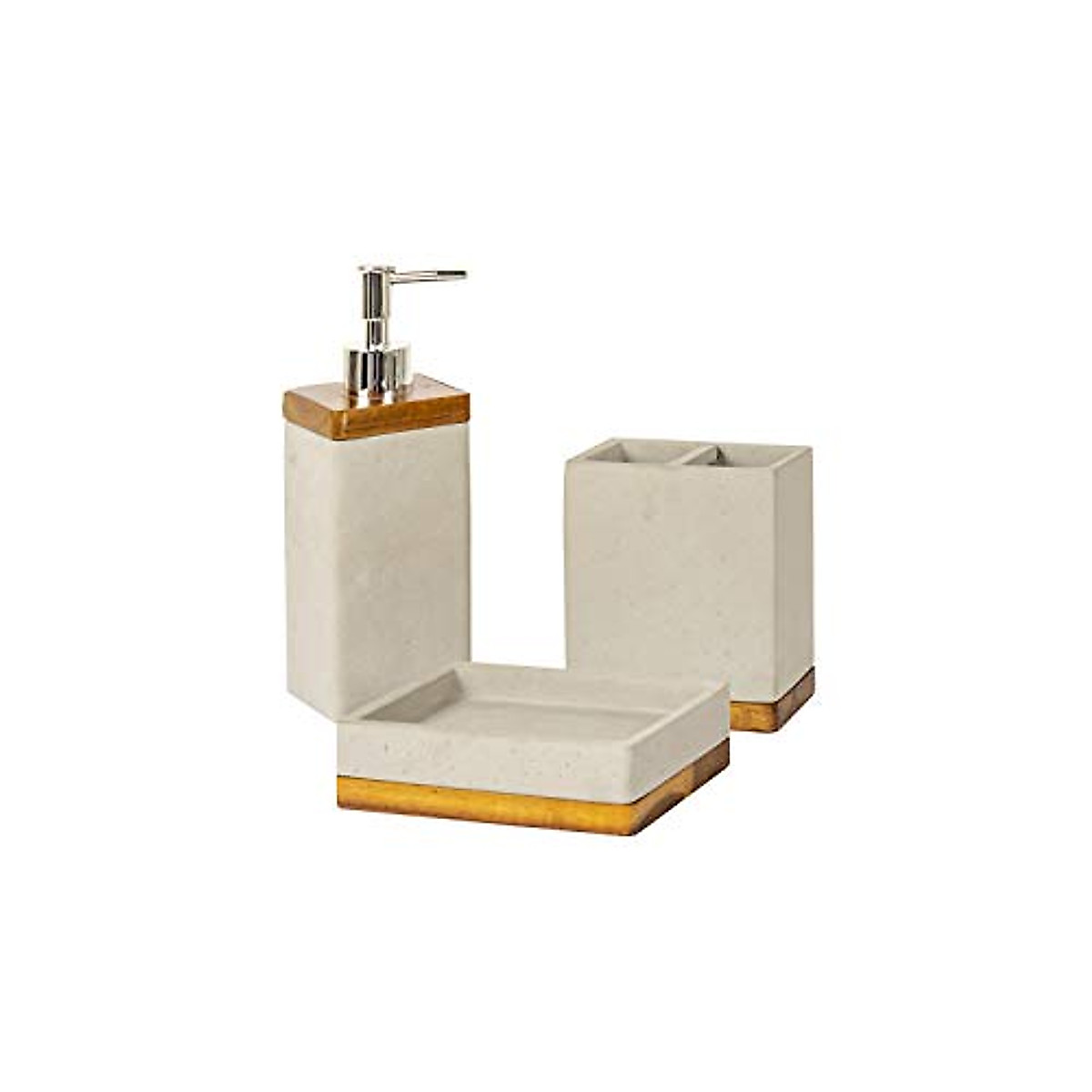 nu steel nusteel Concrete, Made of Cement Bath Accessory Set for Vanity Countertops, 3 Piece Luxury Ensemble Dish, Toothbrush Holder, soap and Lotion Pump, Grey Stone/Brown