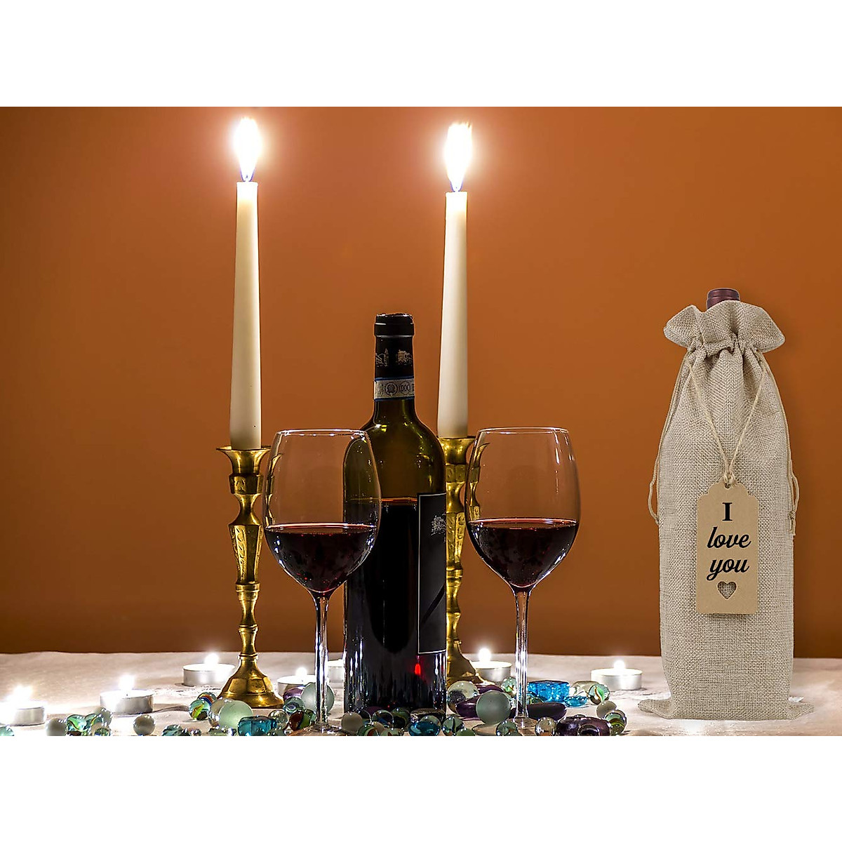 Keniot Burlap Wine Bags Wine Gift Bags with Drawstrings, Single Reusable Wine Bottle Covers with Ropes and Tags (10 Pcs)