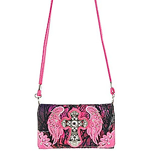 Zelris Camouflage Shine Glow Cross Wings Women Crossbody Trifold Wallet (Hot Pink)
