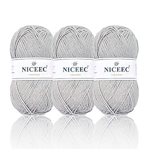 NICEEC 3 Skeins Soft Cotton Yarn 5ply Baby Cotton Yarn for Knitting Crochet Baby Weight Yarn Cotton Blend Yarn Total Length 3×220m(3×240 yds,100g×3)-Light Grey