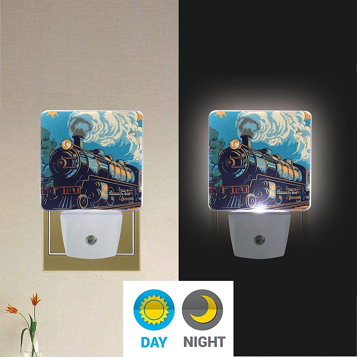 ZENWAWA Running Steam Train Night Light Plug into Wall Decorative Auto Dusk to Dawn Sensor LED Night Lamp 2 Pack 3×4.5×1.4 in
