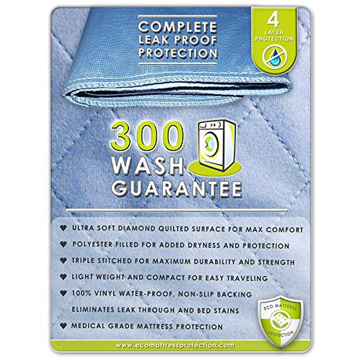 1 Eco Mattress Protection Pad. Premium Grade- Waterproof Sheet and Mattress Protector. 300 Wash Guarantee, 36” x 36”, Light Blue.