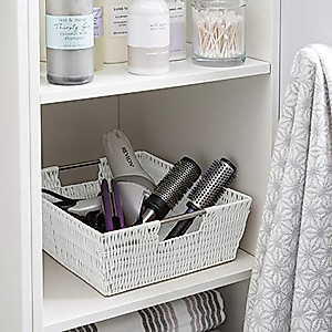 "Simplify 15"x13"x5" Shelf Storage Woven Handles, Nursery, Playroom, Toys, Bedroom, Closet, Clothes, Office, Decorative Organizer Basket Rattan Totes, Large, White" (25453-WHITE)