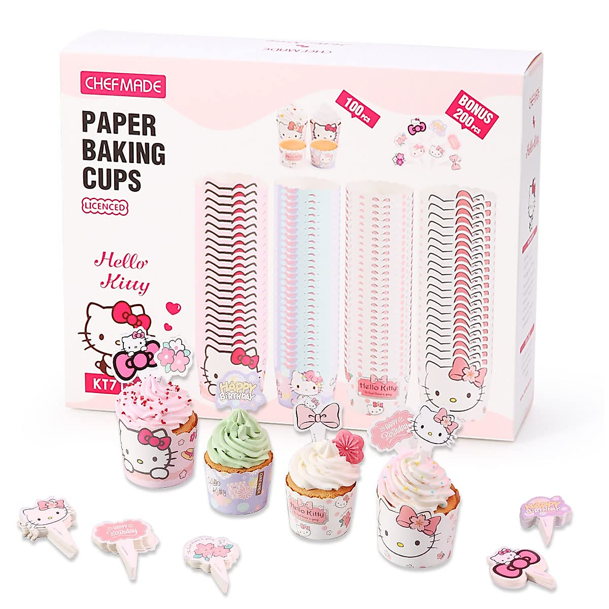 CHEFMADE 100 Pack Baking Cups Liner, 2 Oz Hello Kitty Cupcake Liners with 200Pack Mini Card, Cupcake Paper Cups for Muffins Desserts, Bake Sales, Wedding Table Decor, Baby Showers, Party Treats