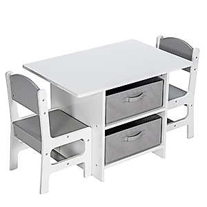 TUOCHUFUN Toddler Table and Chair Set, Wooden Kids Table and Chairs with Storage Baskets Puzzle, Activity Table Playset Furniture with Modern Gray Colors