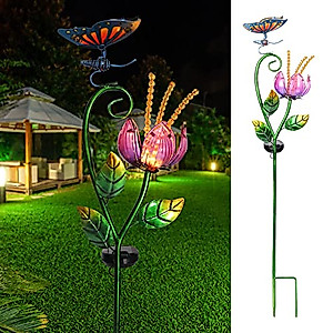 Glass Flower and Butterfly Solar Garden Stake Light Waterproof Solar Pathway Light Outdoor Garden Decor Light for Walkway Pathway Lawn Patio