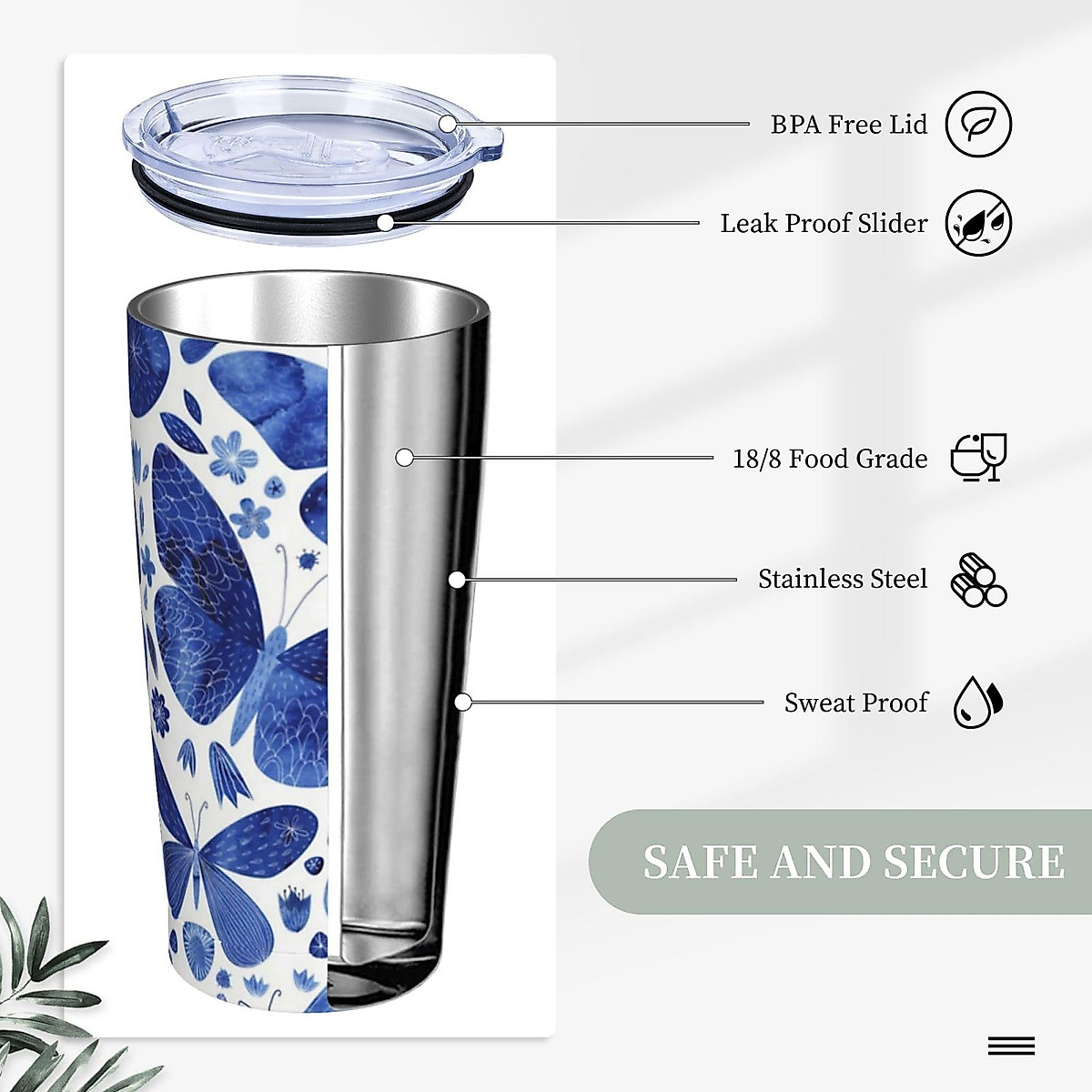 EVANEM 20 Oz Stainless Steel Tumbler With Straw Cleaner Blue Butterflies Printed Insulated Cup Travel Coffee Mug Vacuum Insulated Tumblers For Home Office