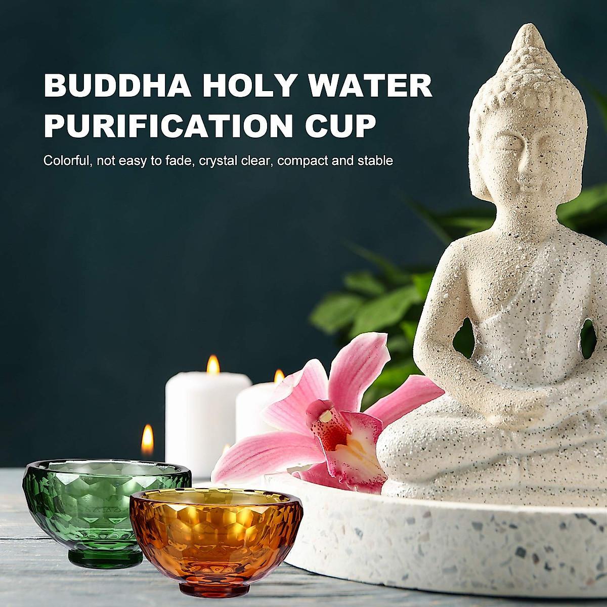IMIKEYA 4pcs Tibetan Buddhist Water Offering Bowl Crystal Holy Water Bowl Religion Container Glass Buddha Cup Mini Votive Tealight Holder for Yoga Meditation Altar Buddhist