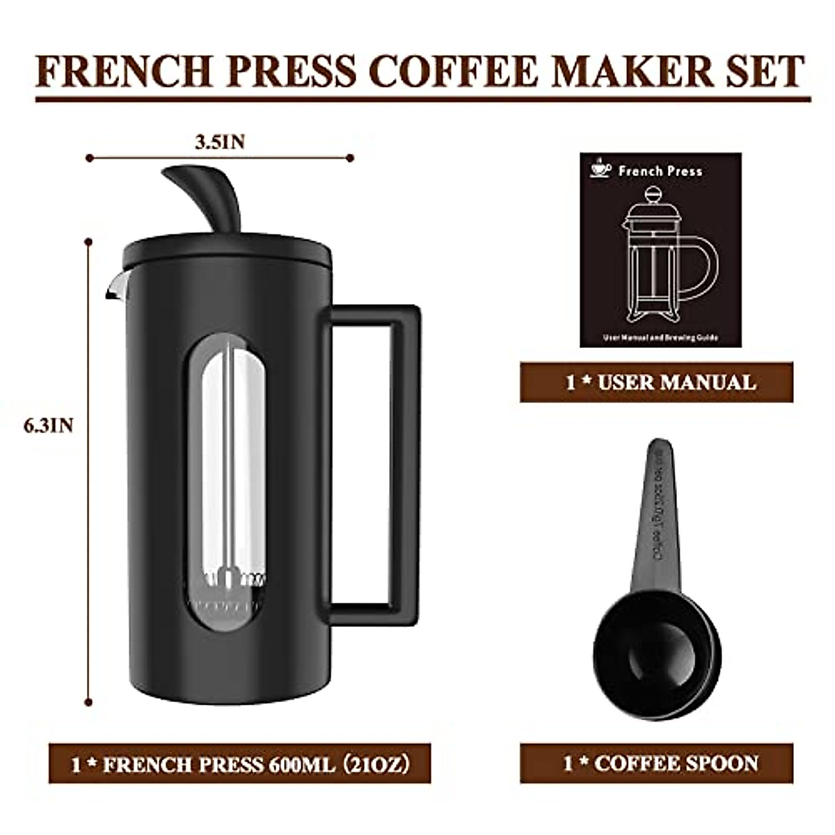BOMPCAFE 2-4 Cups French Press Coffee Maker Cafetiere - 600ML - 4 Level Filtration System, Heat Resistant Borosilicate Glass with Stainless Steel Filter, 21 oz/600 ML