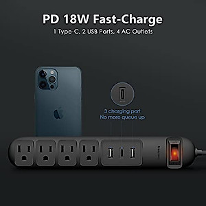Power Strip with USB C, Manymax Mountable Flat Plug Extension Cord with 4 Widely Spaced Outlets, 3 USB Charging Ports (1 USB C), Wall Mount 6 Feet Extension Cord, for Home Office Hotel-Black (1 Pack)