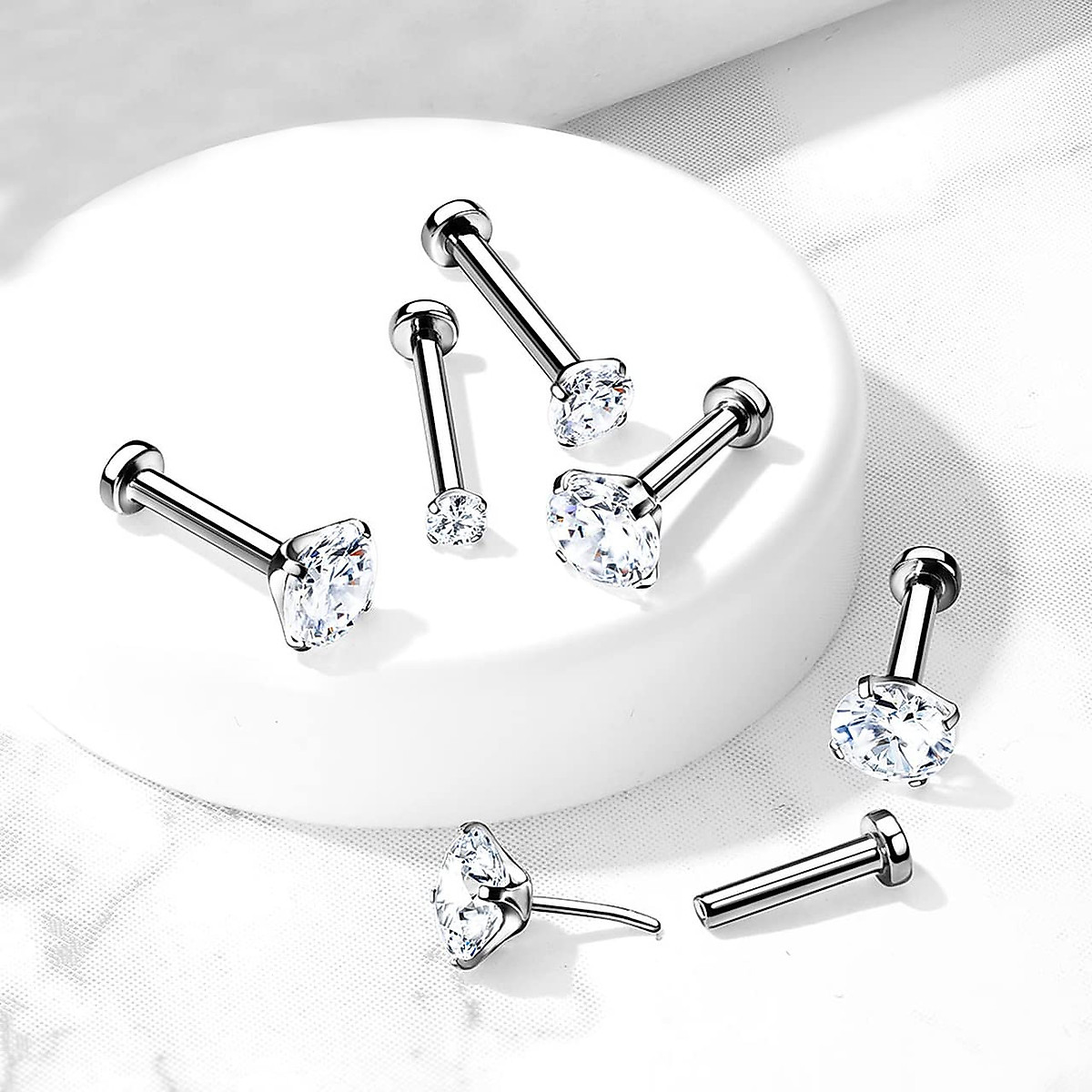 Luxe Modz Threadless Push-in Labret Flat Back Implant Grade Titanium Studs with CZ Prong Set Top for Cartilage Ear Monroe lip Nose and More 18G 1/4 inch 3mm