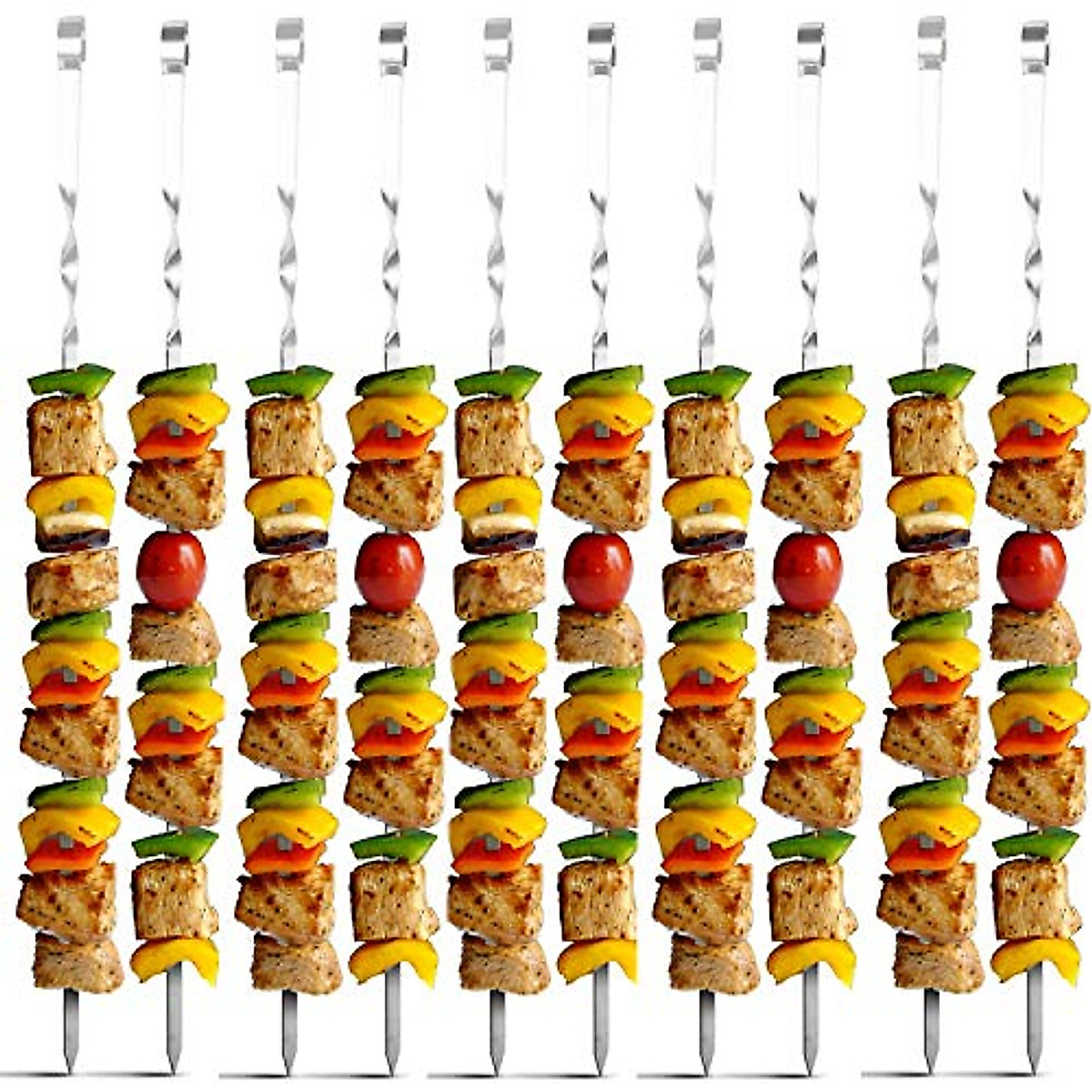 Antallcky 12 Pack Kabob Skewers BBQ Barbecue Skewers Stainless Steel Sticks Heavy Duty Large Wide Reusable with Nonslip Ring Handle Ideal for Shish Kebab Chicken Shrimp and Vegetables (22 inch)