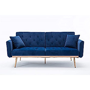 Velvet Mini Sofa, Accent Sofa, Modern Folding Couch, Sofa Bed for Living Room, Loveseat Sofa with Rose Gold Metal Feet (Navy)