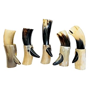 5x Viking Drinking Horn Cups | Viking gift for men 100% Natural Norse Goblet Ale Mead Beer mug Wine with Stand 10oz (9"-12")