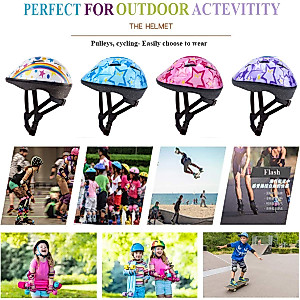 Kids Bike Helmet with Knee Pads, Elbow Pads, Wrist Guards - Adjustable, Ages 3-8 - For Cycling, Skating, Skateboard (Pink Star)