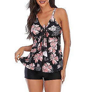 Tankini Swimsuits for Women Two Piece Bathing Suits Floral Print Tank Top with Boyshorts Tummy Control Swimming Suits Pink Print 16-18