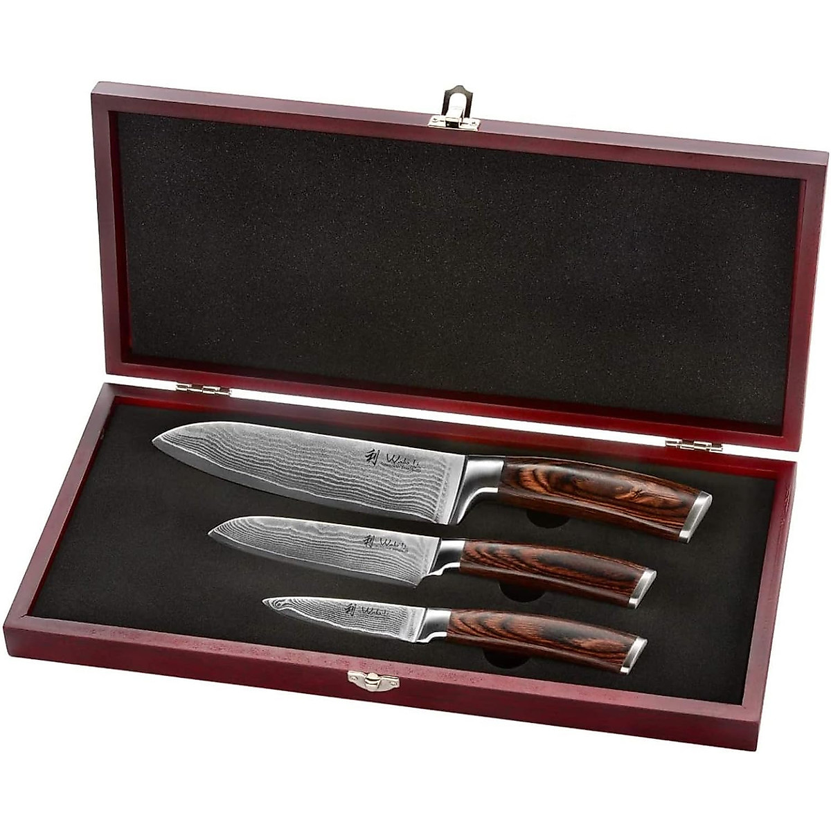 Wakoli Damascus Kitchen Knife Set, 3 Pieces Professional Chef Knife Set made from 67 Layers Damascus Steel with VG10 Core, Knives Set for Kitchen with Pakkawood Handles in Wooden Gift Box (EDIB 3-pcs)