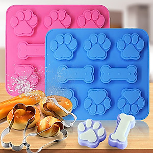 2 in 1 Silicone Molds，2 Pack Silicone Puppy Paw Print & Dog Bone Shaped Molds ，with 3 Packs Stainless Steel Bone Cookie Cutter-Blue&Pink-Set of 5