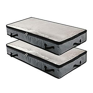 2pcs Soft Foldable Fabric Under Bed Storage Bags, Blankets Clothes Comforters Storage Organizer for Bedroom and Closet with Transparent Window, 4 Handles, Zipper, 39x20x6in, Grey