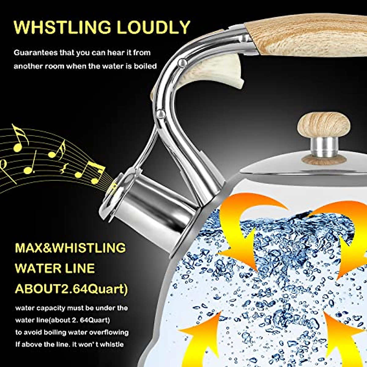 BAERFO 3.17 QT Stove Top Whistling Tea Kettle,Stainless Steel Teakettle,Teapot for Stove with Premium Zinc Alloy Silicone Grip(Silver)