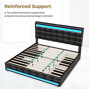 BTHFST King Size Bed Frame with LED Lights,PU Leather Bed with Storage Drawers & Adjustable Headboard,Platform Bed with Power Outlets,Noise-Free,Black