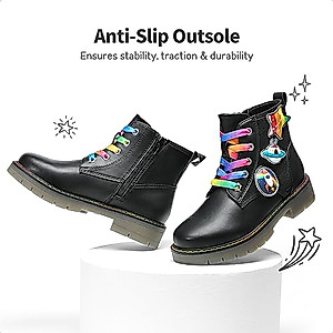 DREAM PAIRS Girls Boys Glitter Ankle Boots Side Zipper Combat Shoes with Lace Up for Toddler/Little Kid/Big Kid,Size 4 Big Kid,Black,SDBO2220K