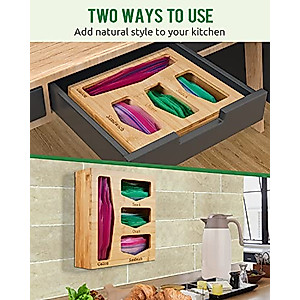 Ziplock Bag Storage Organizer for Kitchen Drawer, 4-in 1 Bamboo Food Baggie Holder, Compatible with Ziploc, Solimo, Glad, Hefty for Gallon, Quart, Sandwich, Snack & Freezer Gallon Variety Size Bag