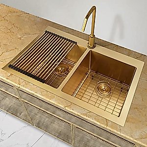 Zeesink Double Bowl Kitchen Sink,Drop in Kitchen Sink 33 X 22 inch,Gold Kitchen Sink,Top Mount Kitchen Sink,16 Gauge Stainless Steel Kitchen Sinks