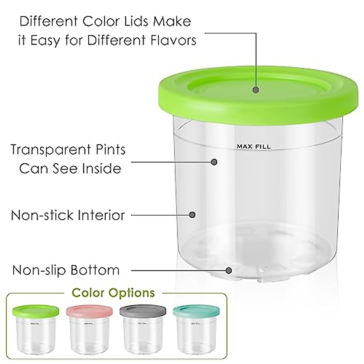 4 Pack Ice Cream Pint Containers, Replacement for Ninja Creami Pints and Lids, Compatible with NC299AMZ & NC300s Series Creami Ice Cream Makers, BPA Free, Dishwasher Safe, Grey/Pink/Green/Lake Blue