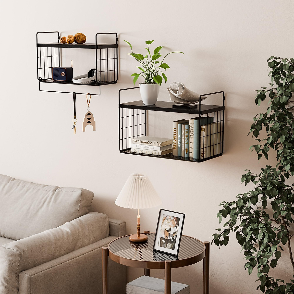 ENPKLUTE Bathroom Shelves Over Toilet Set of 2, Floating Bathroom Shelves Wall Mounted, Bathroom Shelf with Towel Bar & Toilet Paper Basket, Rustic Wall Shelves for Bathroom, Bedroom, Kitchen, Black