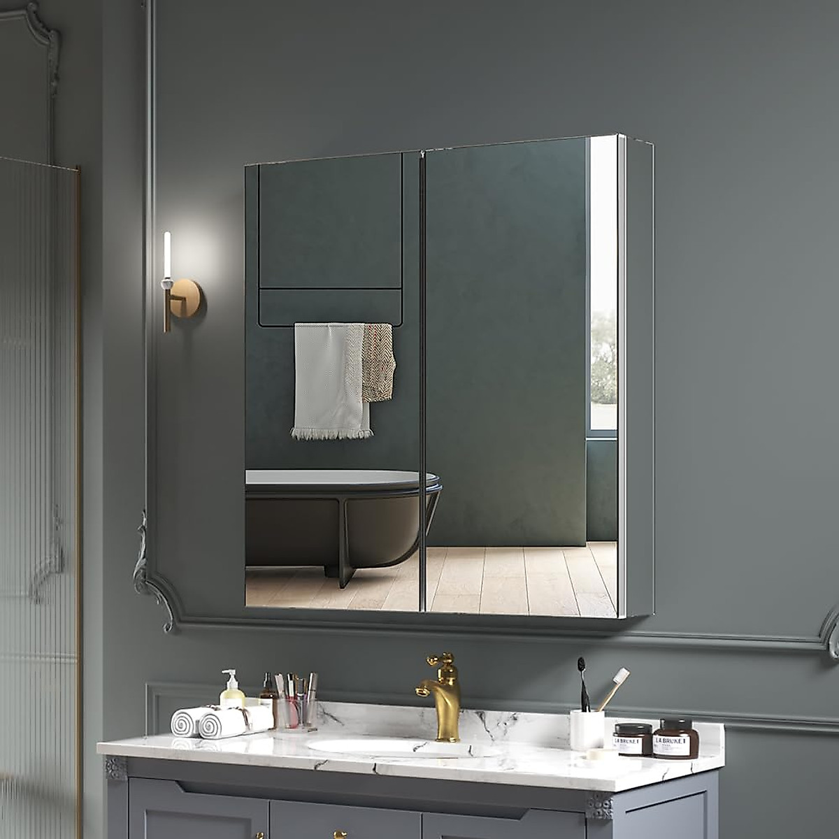 Quavikey Aluminum Medicine Cabinet with 2 Doors Recessed or Surface Mount Bathroom Mirror Cabinets 24x26 Inch, Silver