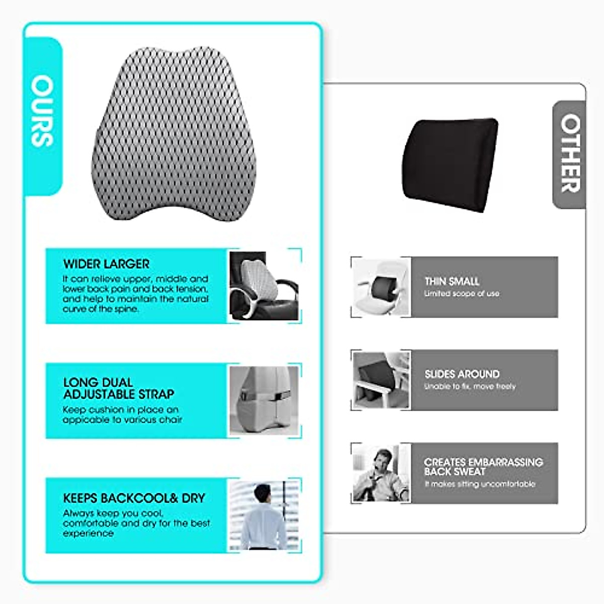 Bipintip Lumbar Support Office Chair with Adjustable Strap and Washable Cover - Back Cushion for Couch,Recliner,Car,Desk Chair - Lumbar Pillow Back Pain Relief,Improve Posture(Gray)