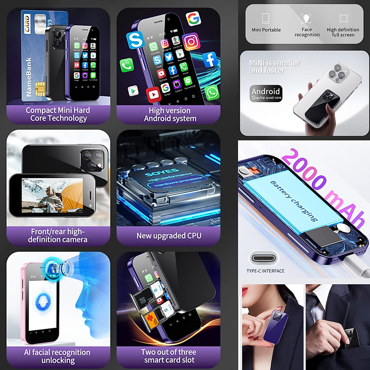 XS14Pro Mini 4G Smartphone 3.0 Inch Quad Core Dual Sim Ultra Thin Unlocked Card Mobile Phone WiFi Bluetooth Hotspot Student Pocket Cellphone Global Version(RAM 3GB+ROM 64GB, Black)